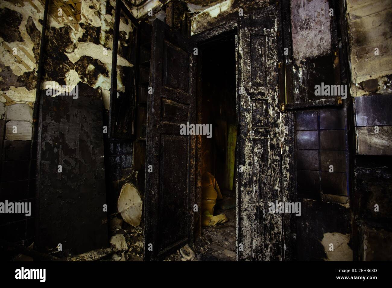 Burnt house interior. Consequences of fire concept Stock Photo - Alamy