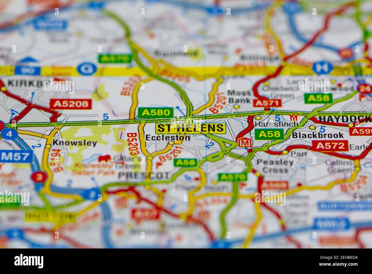 St Helens and surrounding areas shown on a road map or Geography map ...