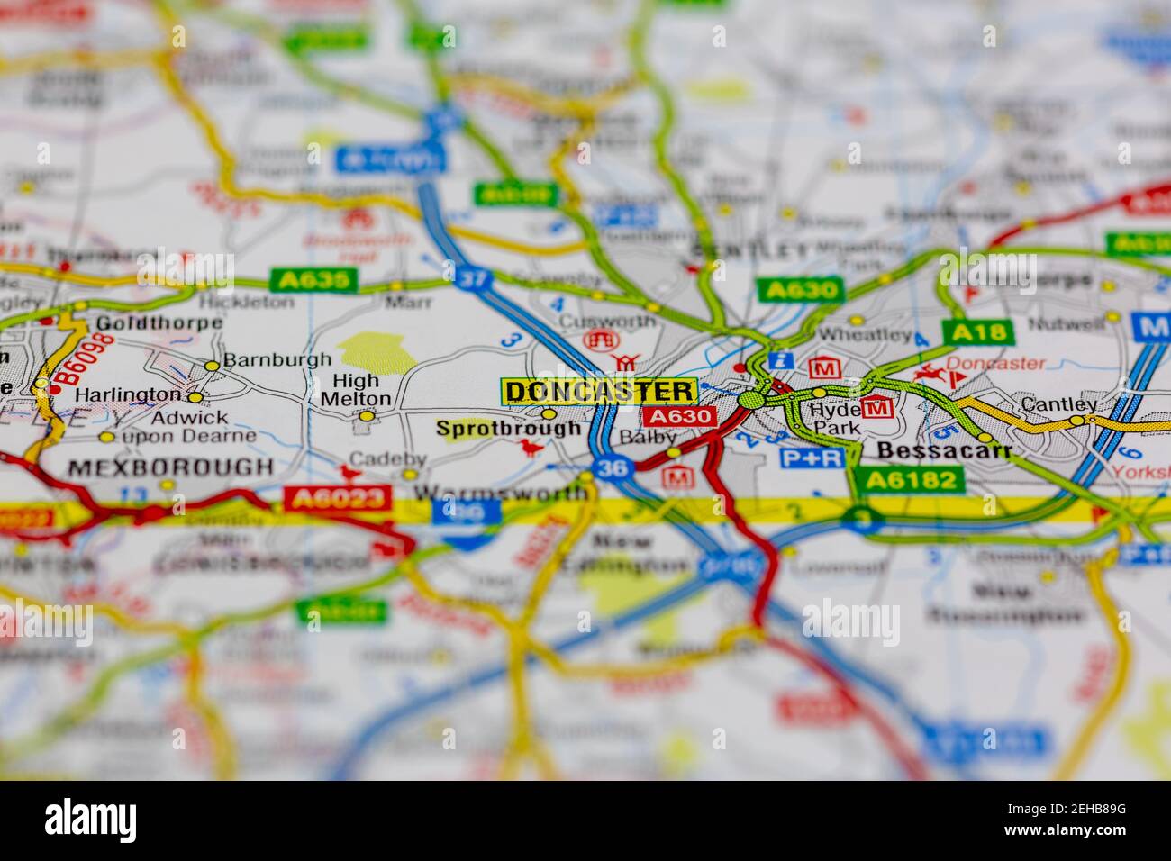Doncaster and surrounding areas shown on a road map or Geography map ...