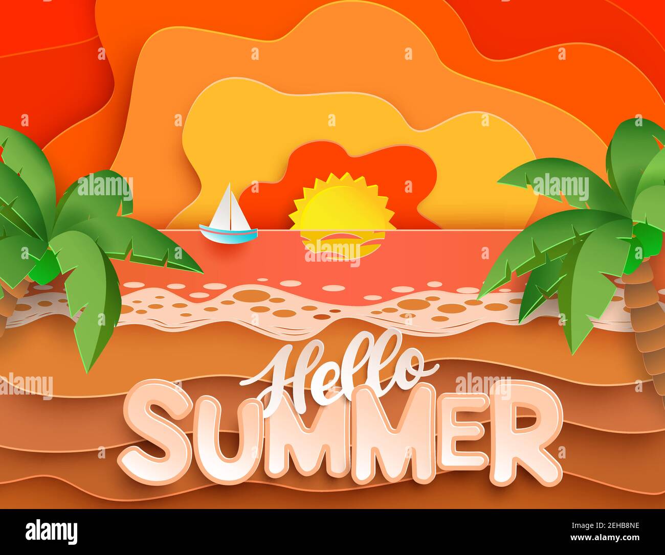 Hello summer vector banner design. Hello summer text in sunset beach ...