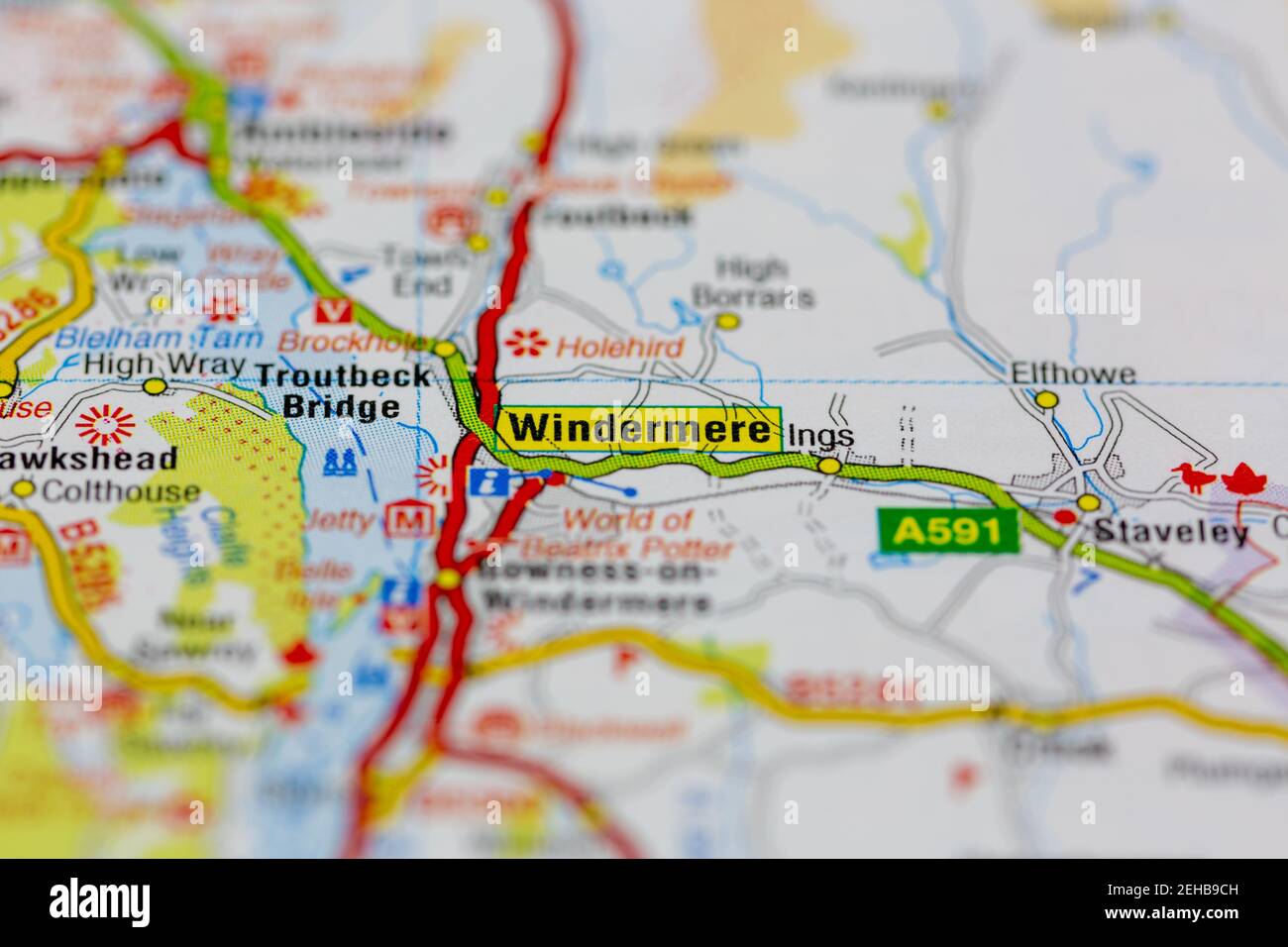 Windermere and surrounding areas shown on a road map or Geography map ...