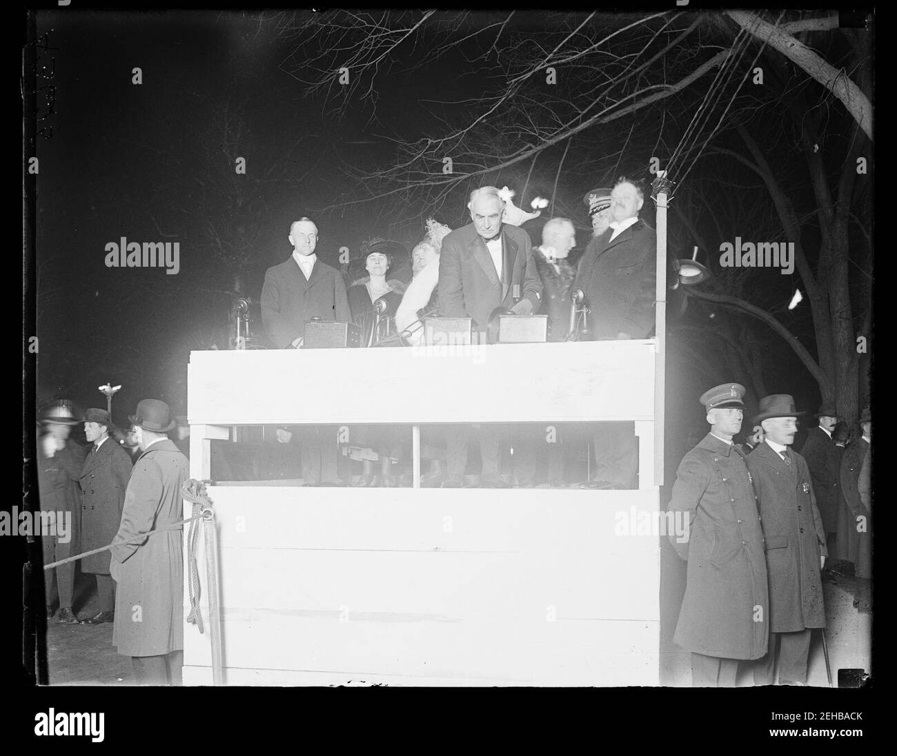 Outdoor stand with Calvin Coolidge, Grace Coolidge, Florence Harding ...