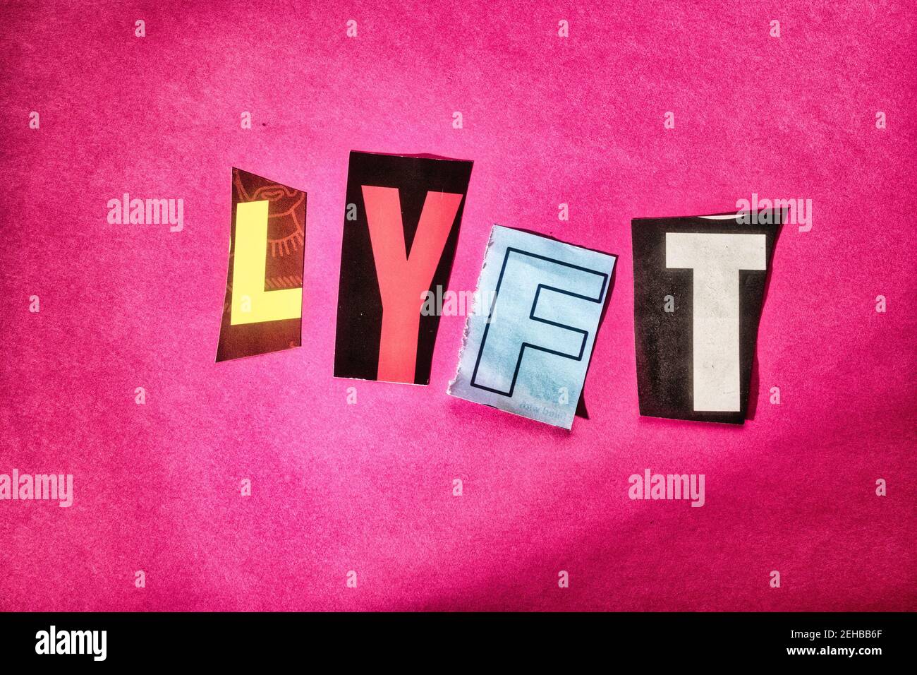 The word "LYFT" using cut-out paper letters in the ransom note effect ...