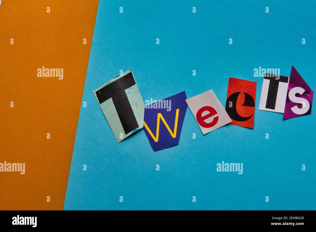 The word "Tweets" using cut-out paper letters in the ransom note effect ...