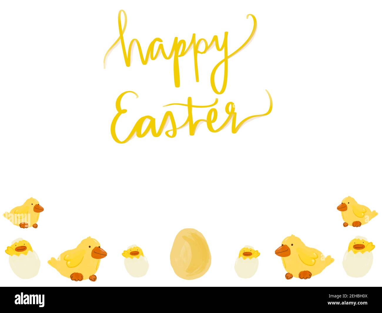 Digital illustration of yellow chicks and eggs in the spring saying ...