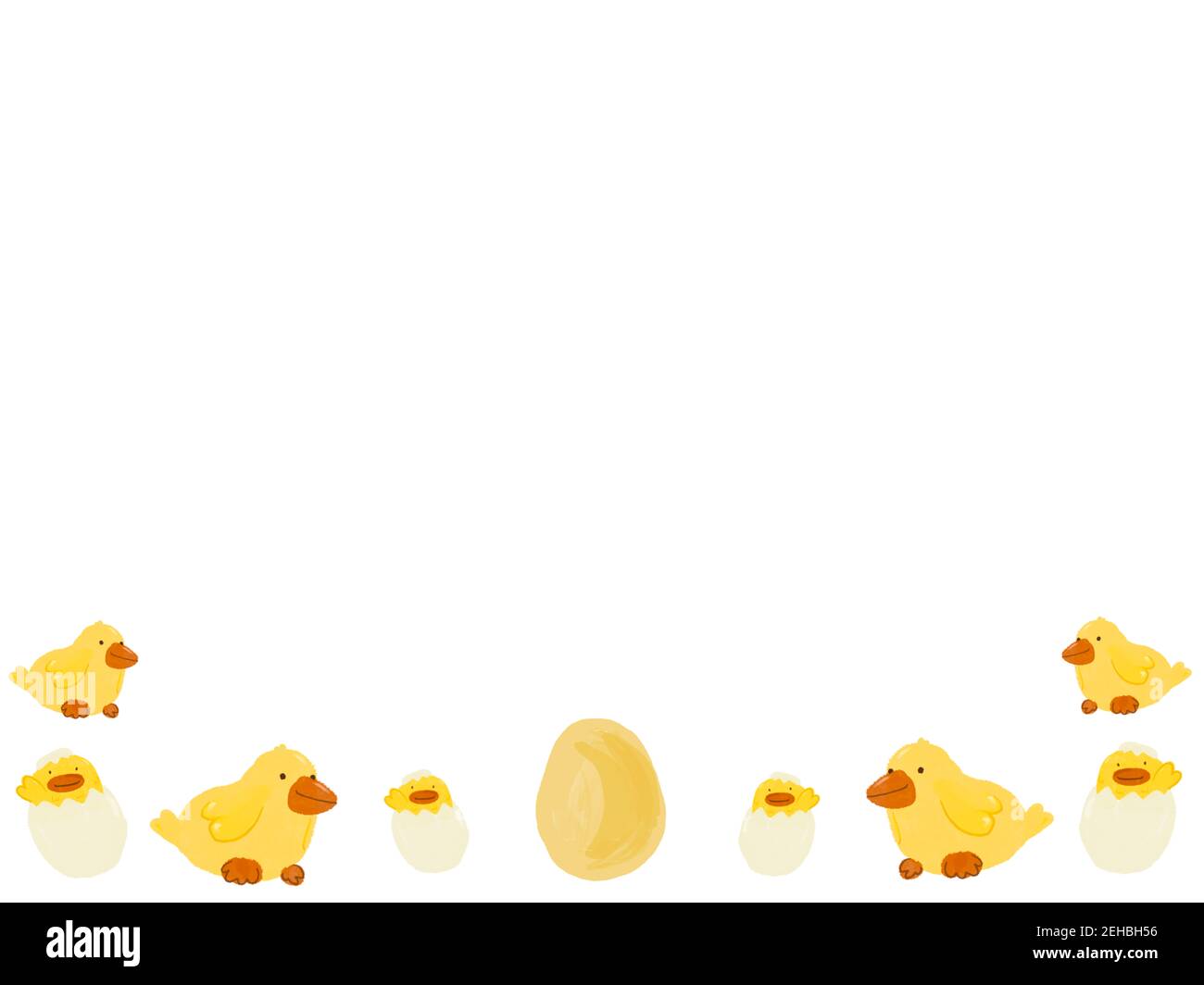 Digital illustration of yellow chicks and eggs in the spring saying ...
