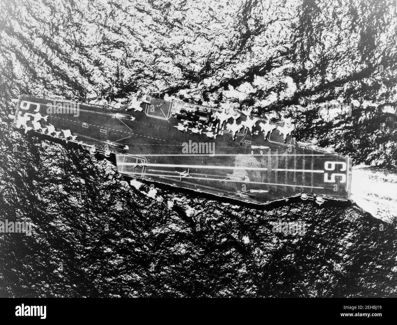 Overhead view of USS Forrestal (CVA-59) underway in the Mediterranean ...