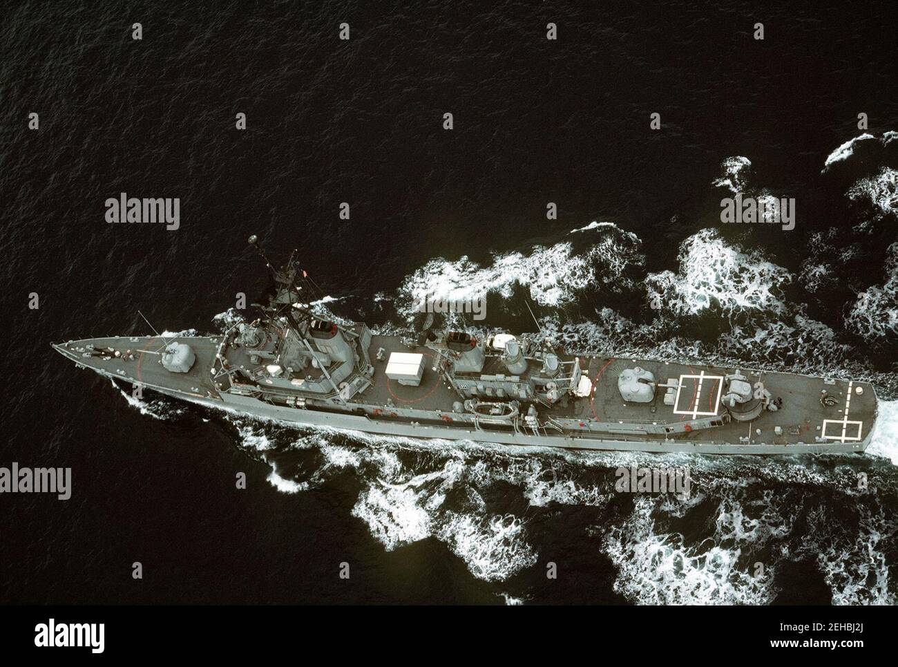 Overhead view of USS Buchanan (DDG-14) underway in the Pacific Ocean ...