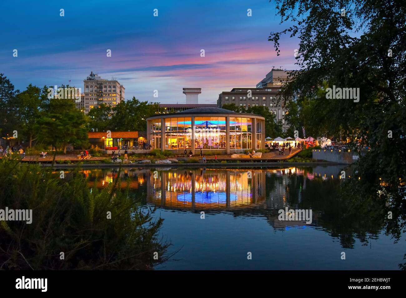 Evening sunset along the Spokane River in Riverfront Park, a public ...