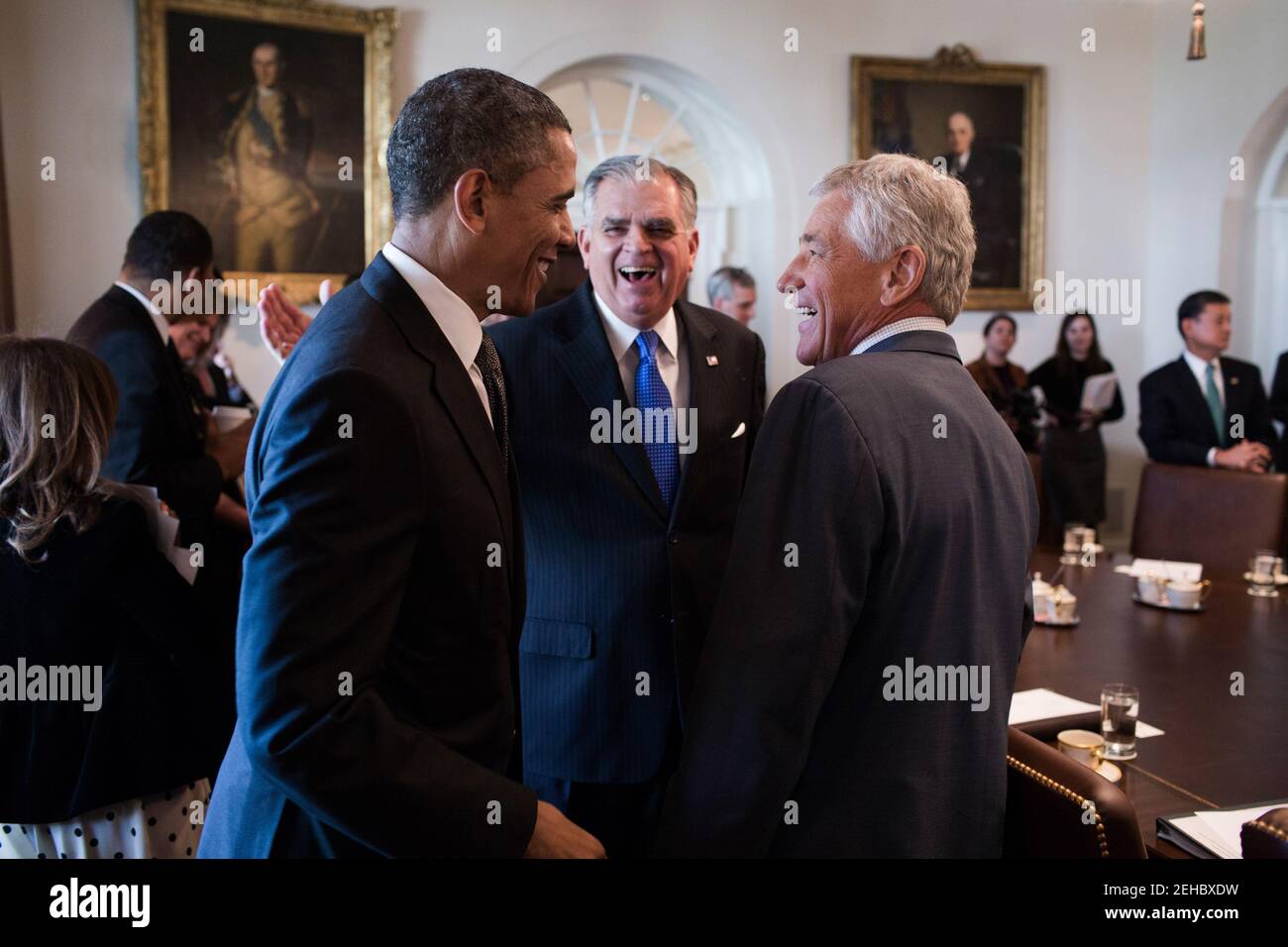 President Barack Obama greets Transportation Secretary Ray LaHood and ...