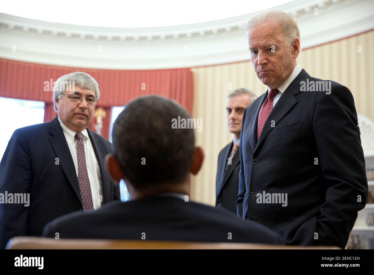 President Barack Obama talks with, from left, Pete Rouse, Counselor to ...