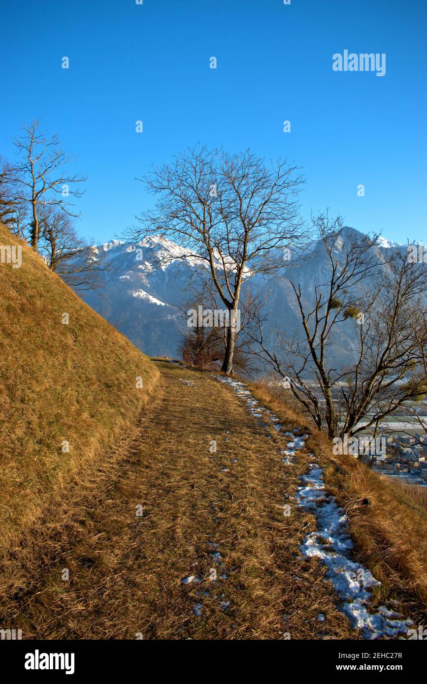 Alpine winter scenery in the rhine valley at the old ruin in Wartau in ...