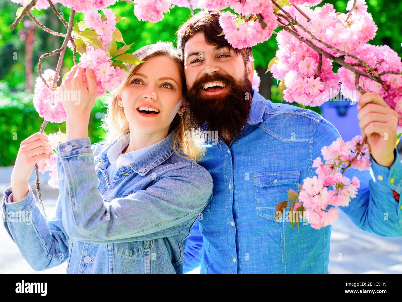 Spring loving couple in blooming garden. Happy family in sakura flowers ...