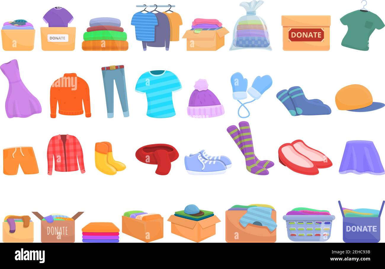 Clothes donation icons set. Cartoon set of clothes donation vector ...