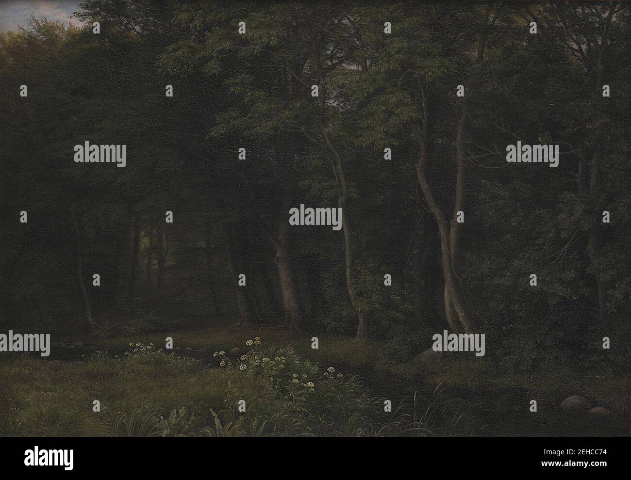 P.C. Skovgaard - Twilight Setting in a Wood near Iselingen Manor ...