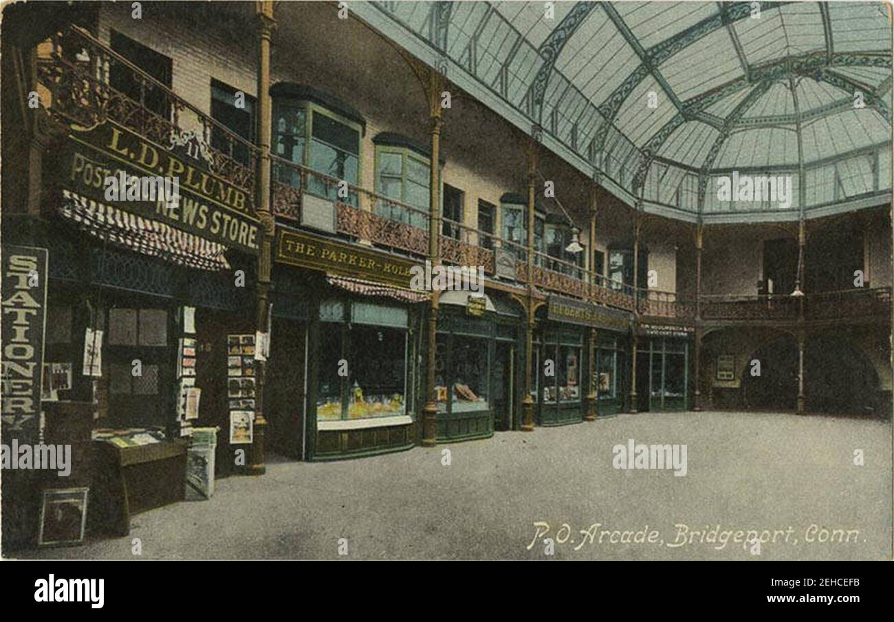 P.O. Arcade, inside view, stores are L.D. Plump's post office news ...