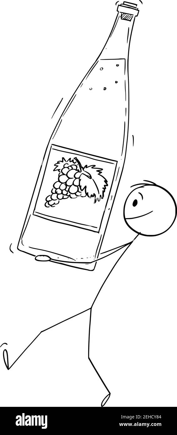 Man carrying big wine bottle, vector cartoon stick figure or character ...