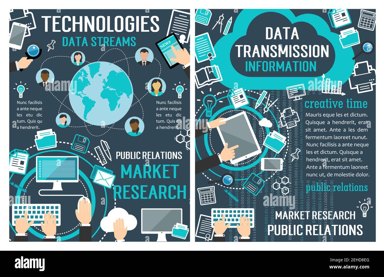 Information technology infographic banner. Data transmission and data ...