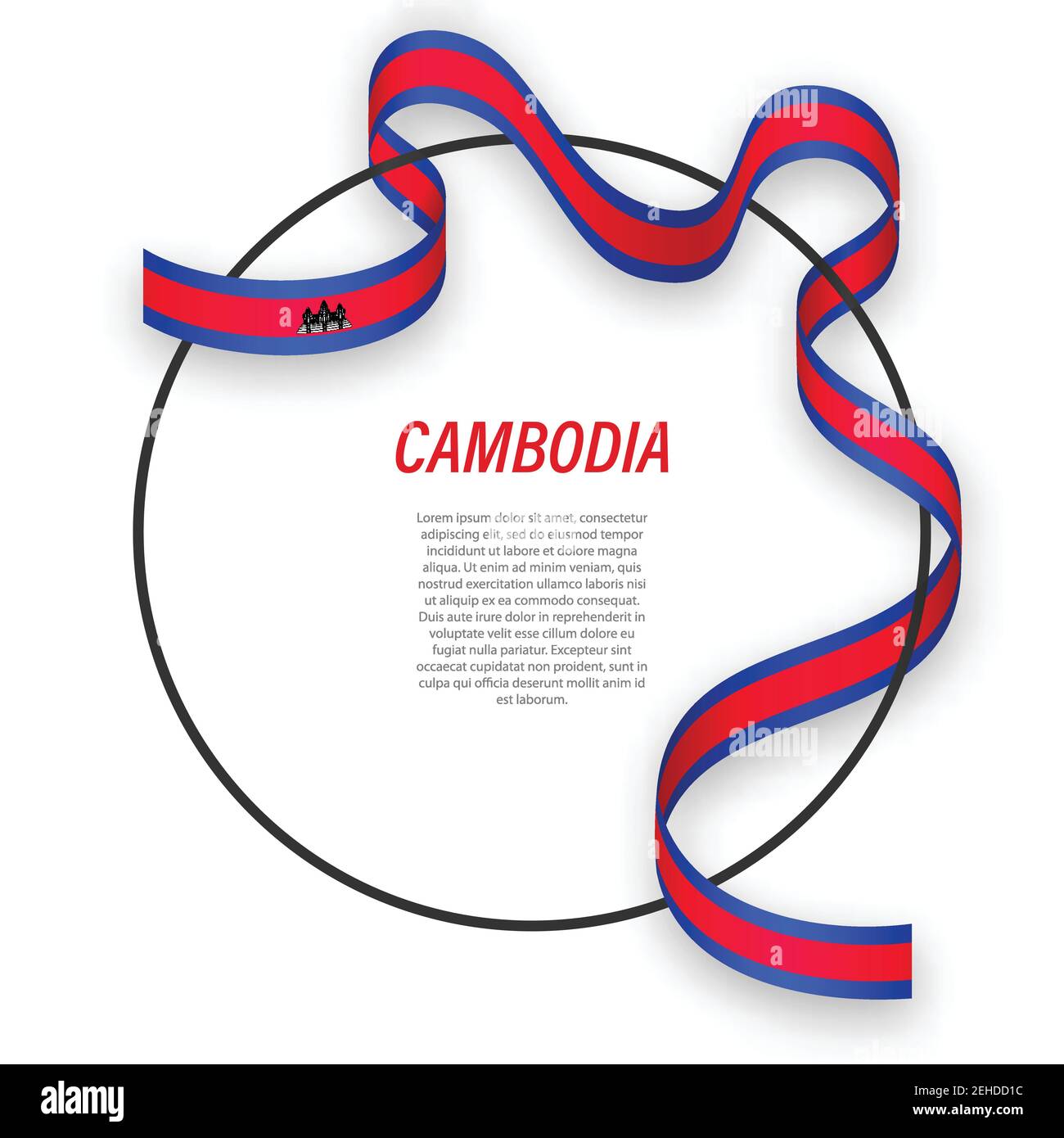 Waving ribbon flag of Cambodia on circle frame. Template for independence day poster design ...