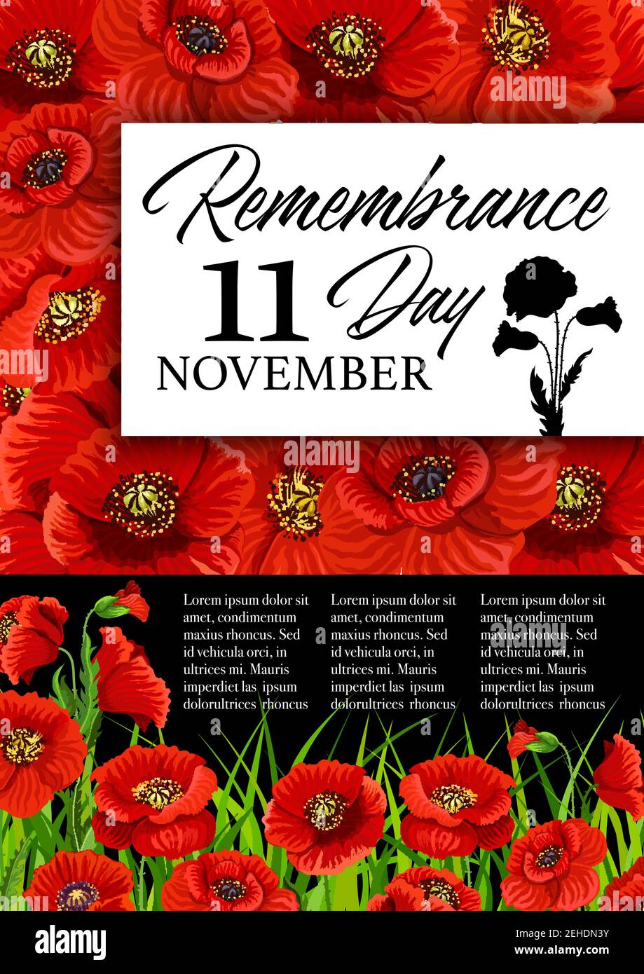 Remembrance Day poppy bunch memorial card template. Red poppy flower ...