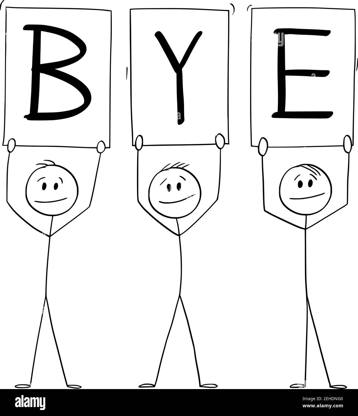 Three businessmen or men holding bye sign, vector cartoon stick figure ...