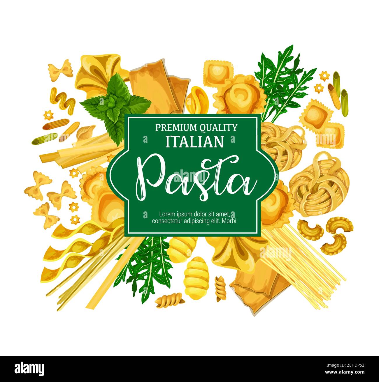 Italian pasta poster with macaroni and fresh herb. Spaghetti, penne and ...