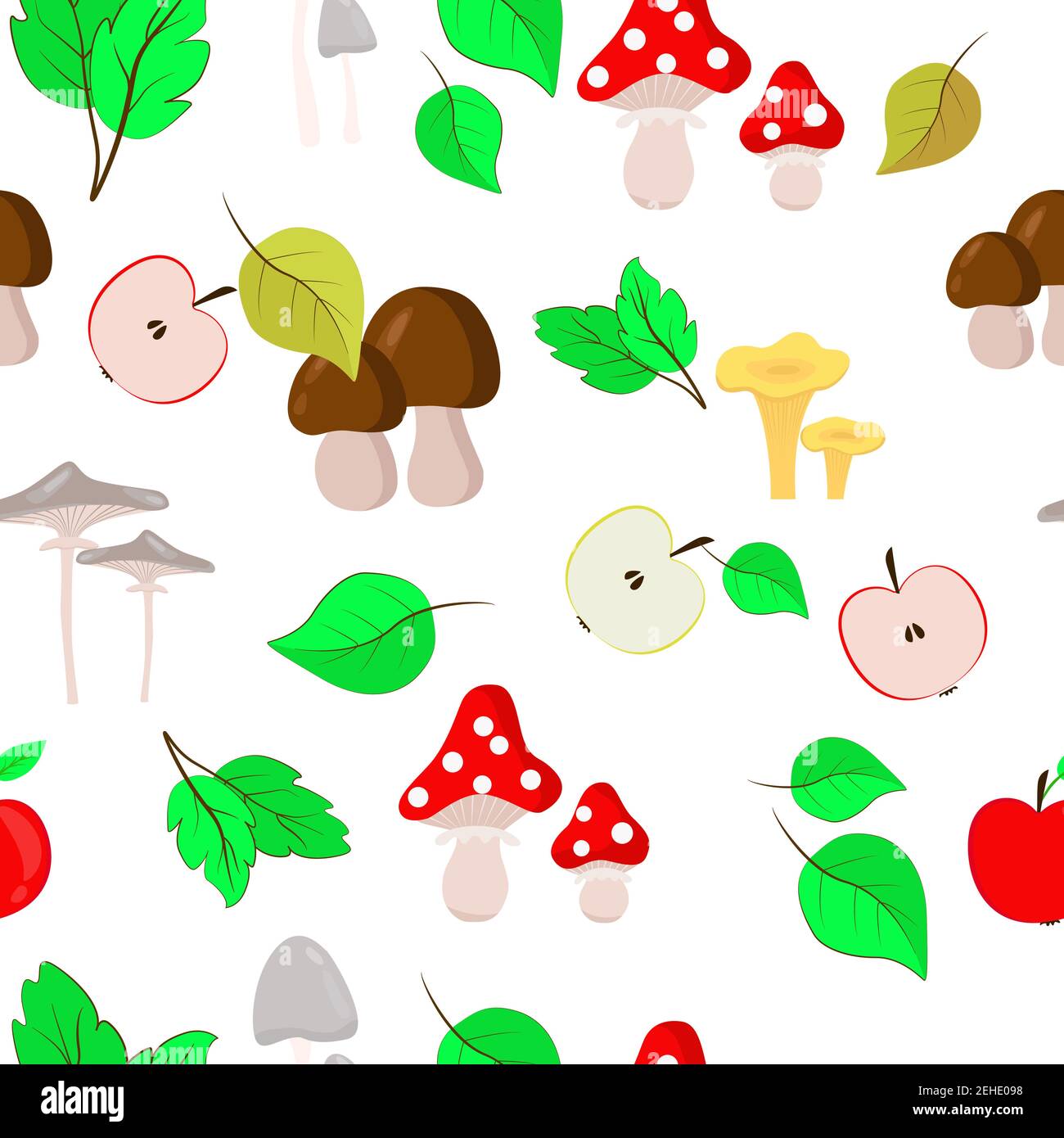 Seamless background with mushrooms, leaves and apples. Vector repeating ...
