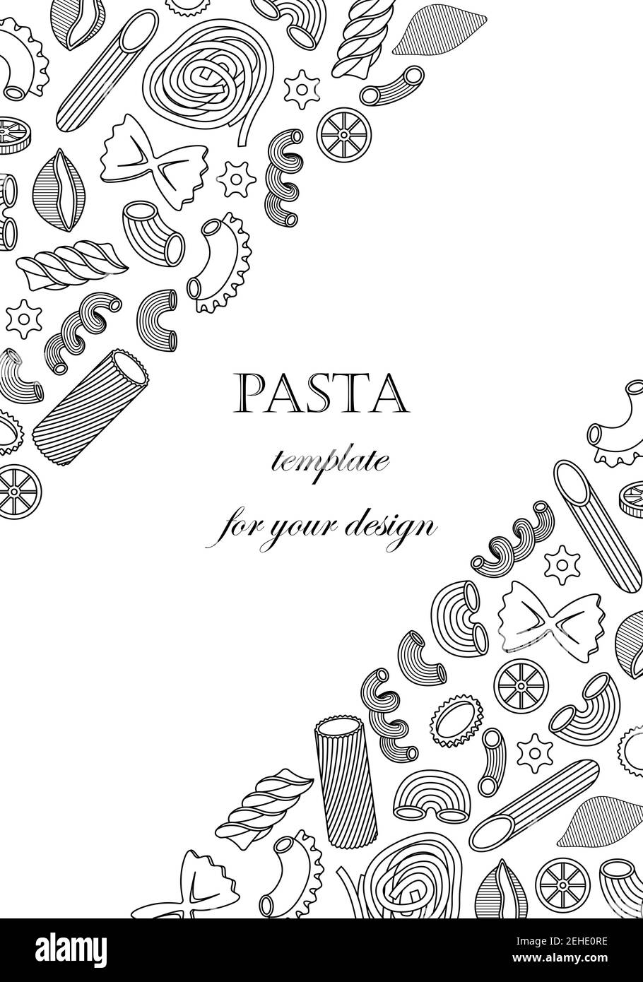 The vector illustration with different types of italian pasta. Line art ...