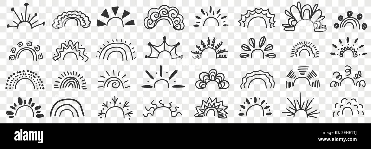 Rainbow patterns and rays drawings doodle set. Collection of hand drawn ...