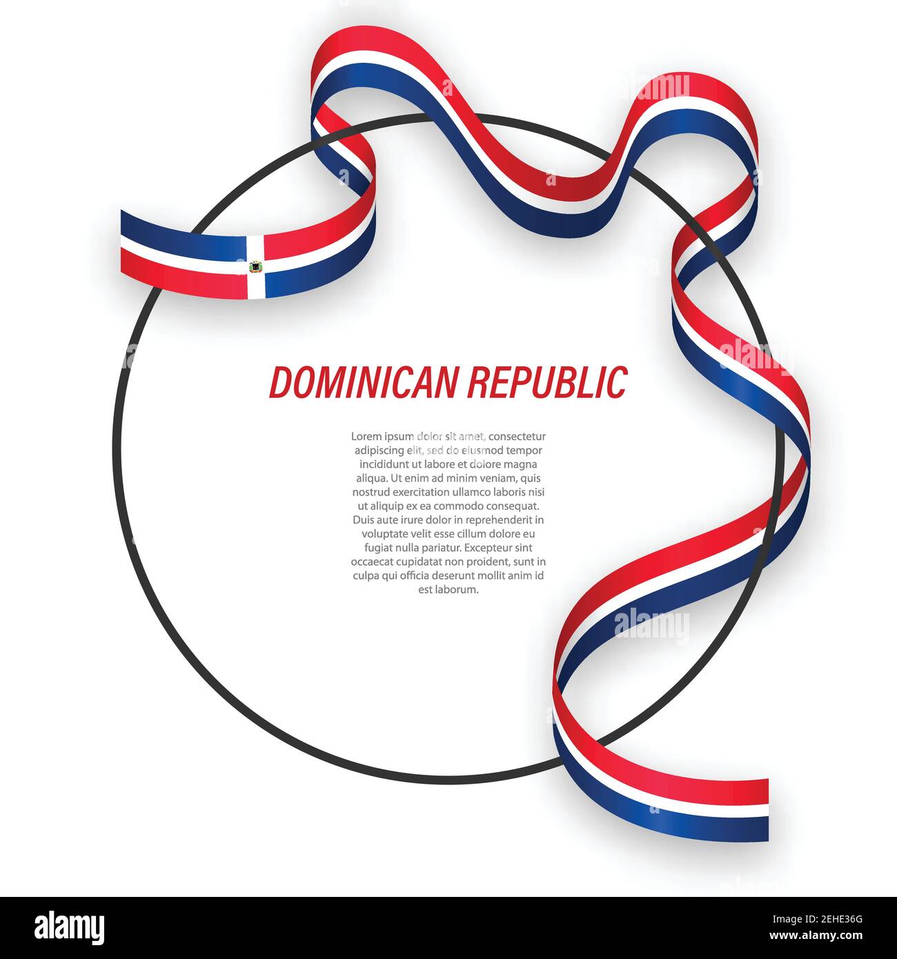 Waving ribbon flag of Dominican Republic on circle frame. Template for independence day poster ...