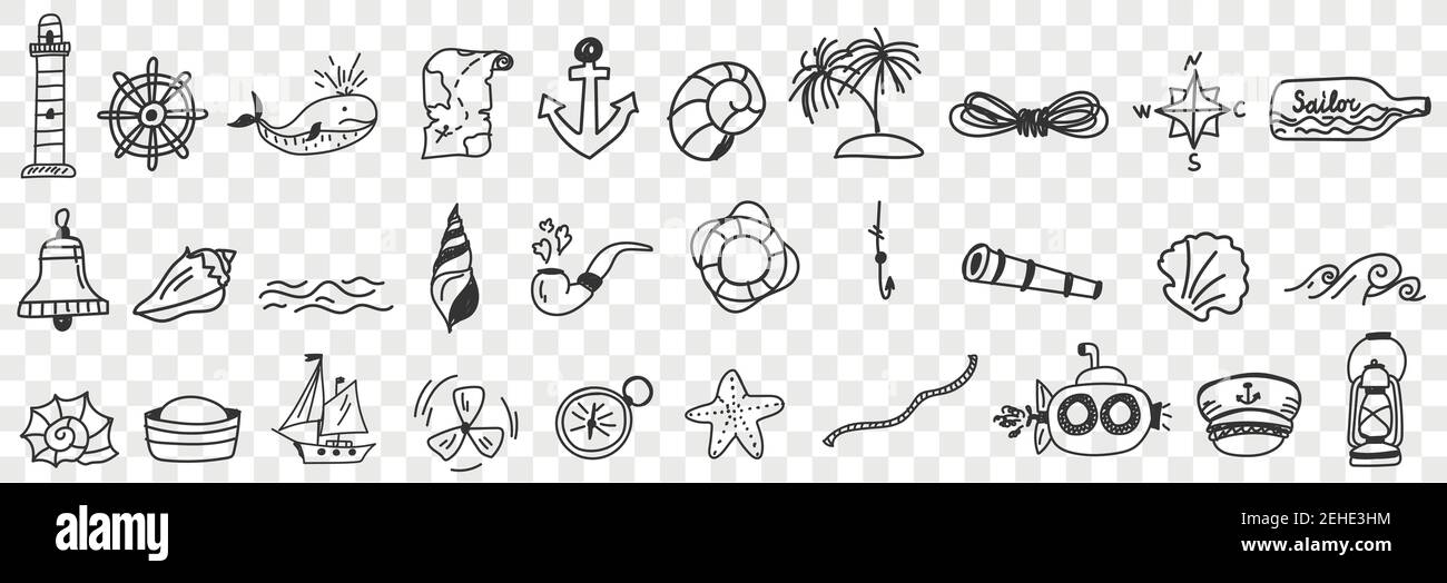 Sailing and nautical equipment doodle set. Collection of hand drawn ...