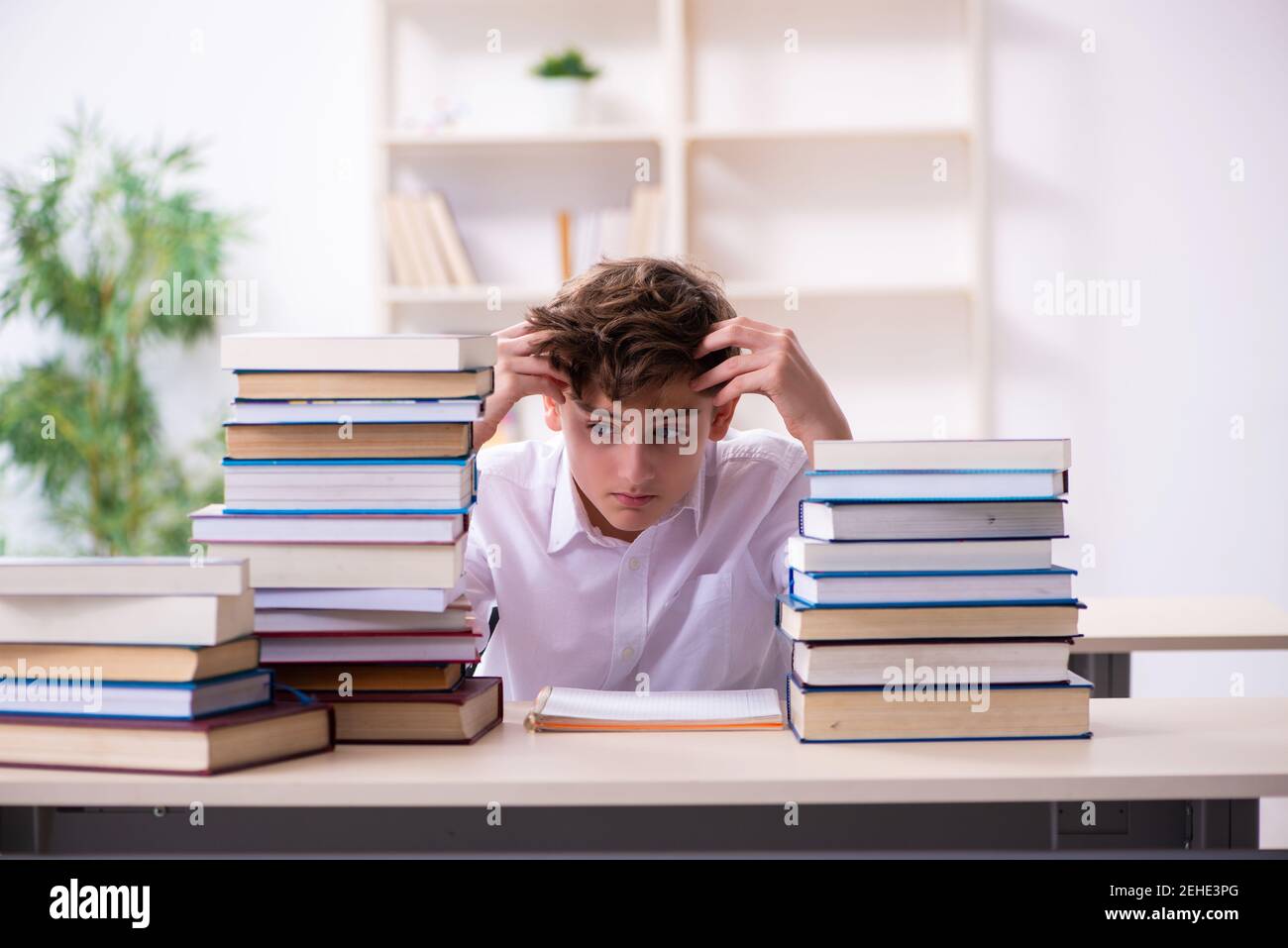 Schoolboy preparing for exam in the classroom Stock Photo - Alamy