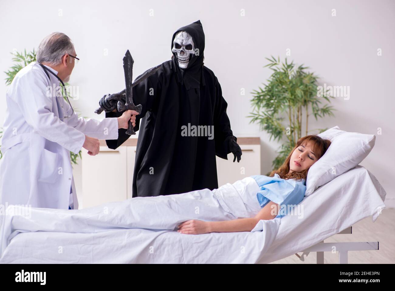 Devil, old doctor and female patient in clinic Stock Photo - Alamy