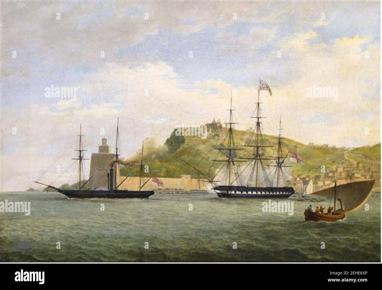 Paddle steamer HMS Salamander towing a frigate out of Corunna, Spain ...
