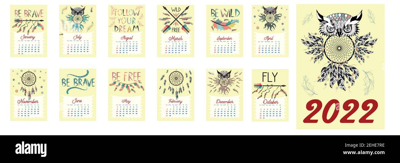 Colorful cute monthly boho calendar 2022 with dream catchers, boho owls ...