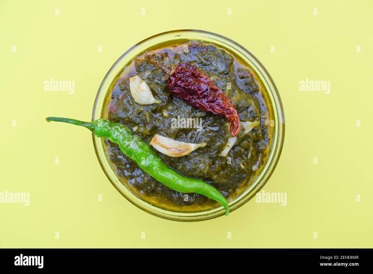 Indian homemade curry Sarson ka saag ki sabji served in transparent ...