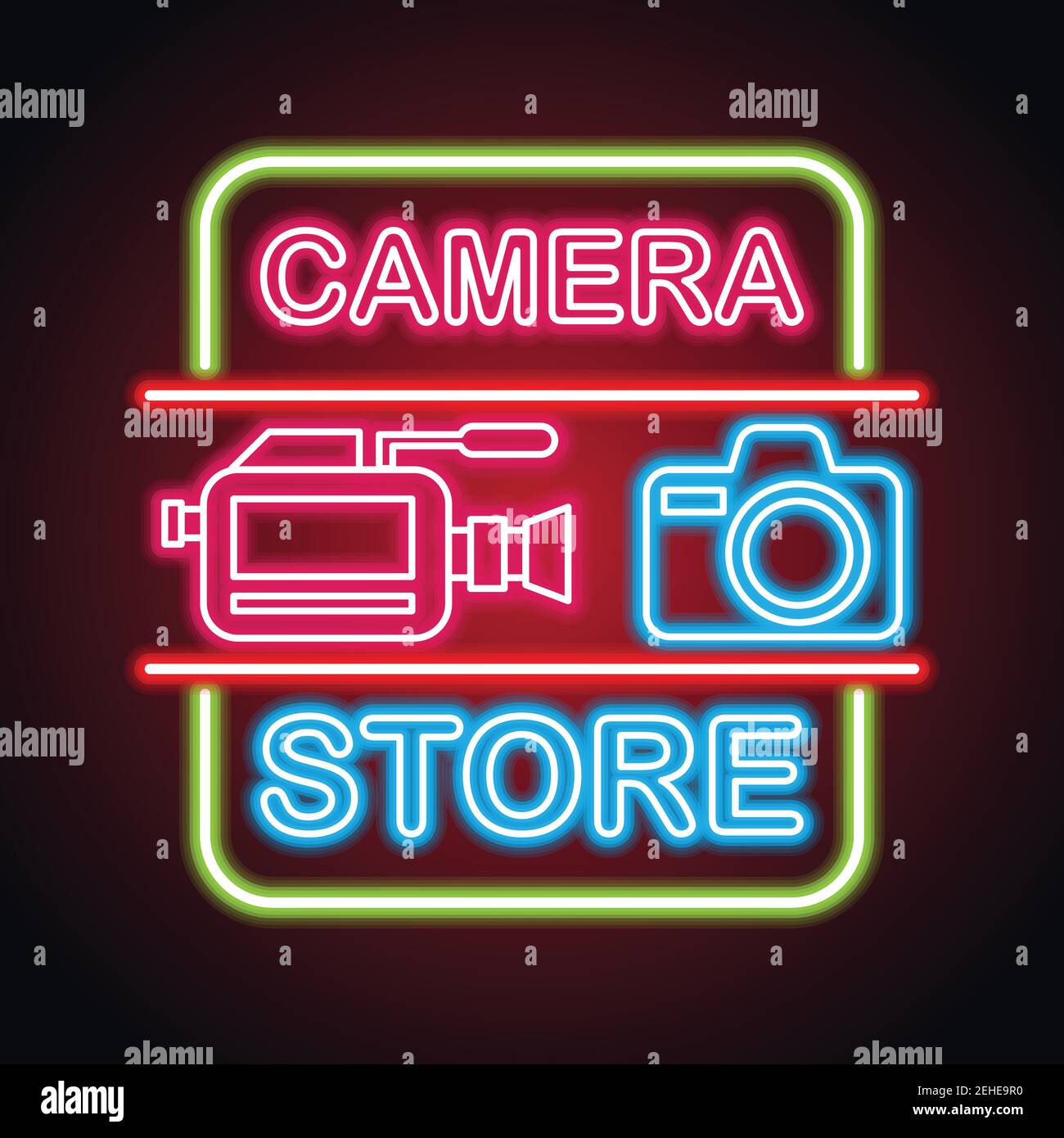 camera equipment with neon sign effect for camera store. vector ...