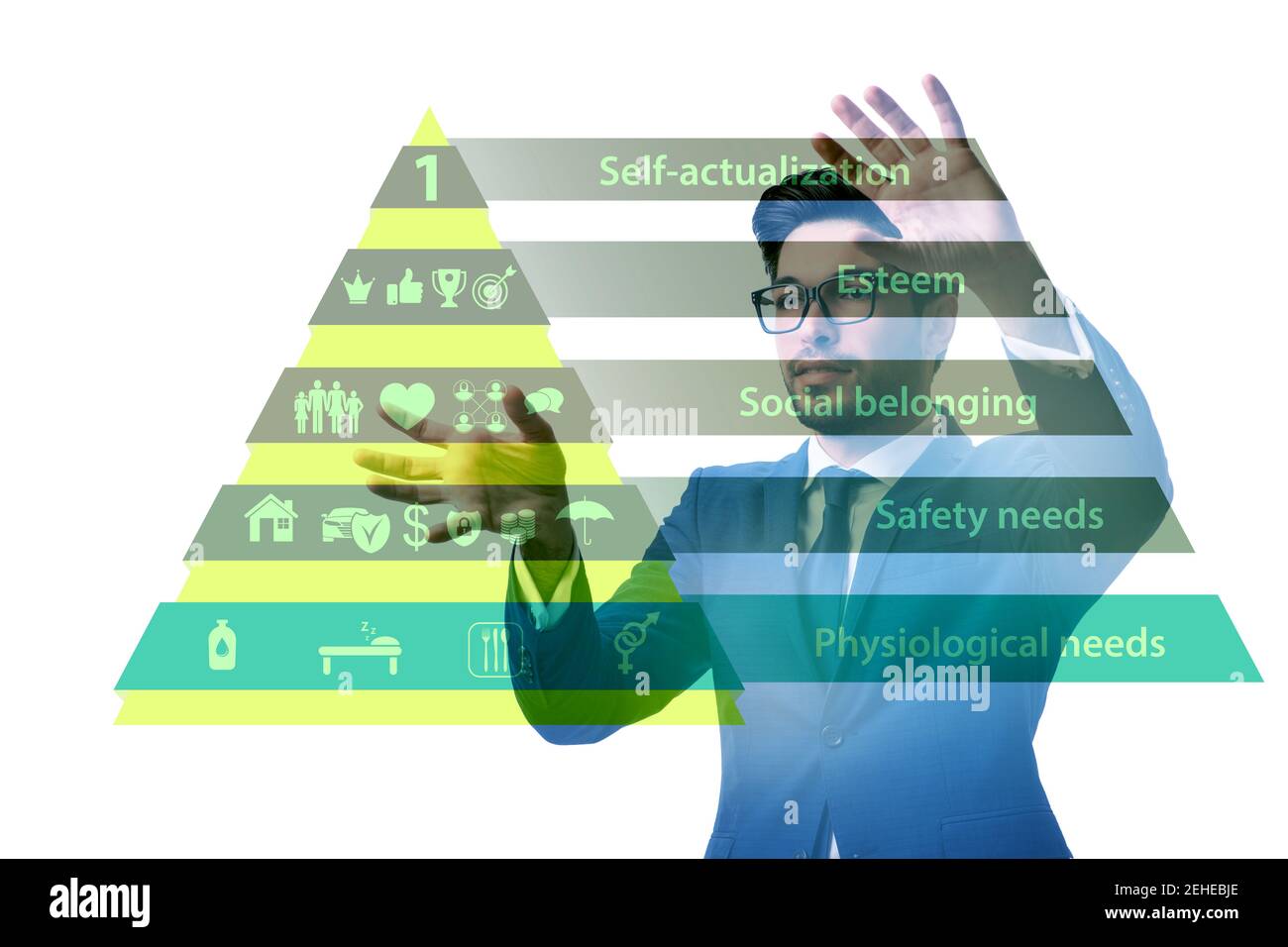 Businessman pressing to the Maslow hierarchy of needs Stock Photo - Alamy