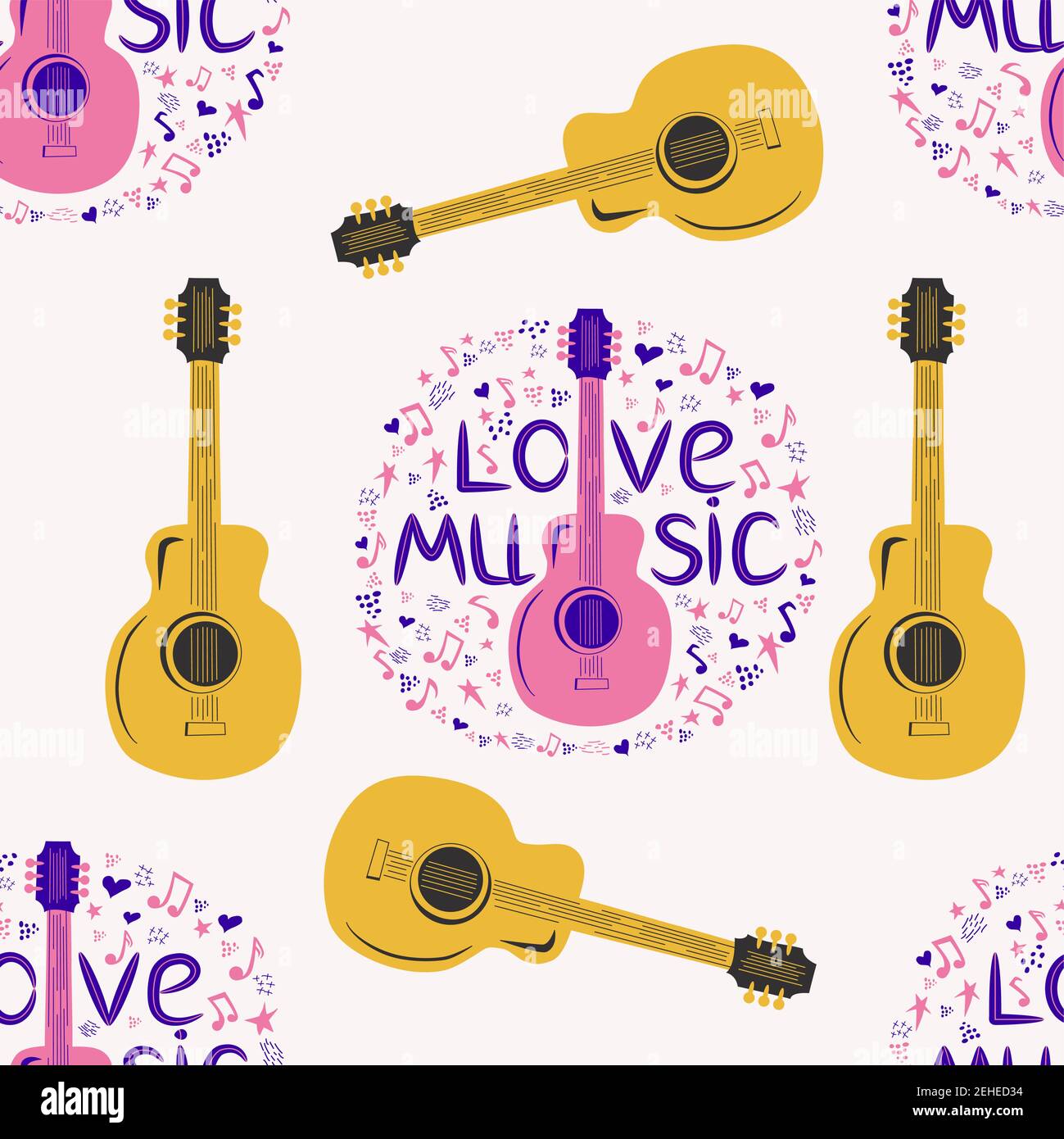 Love music seamless pattern with country guitar, music notes, treble ...