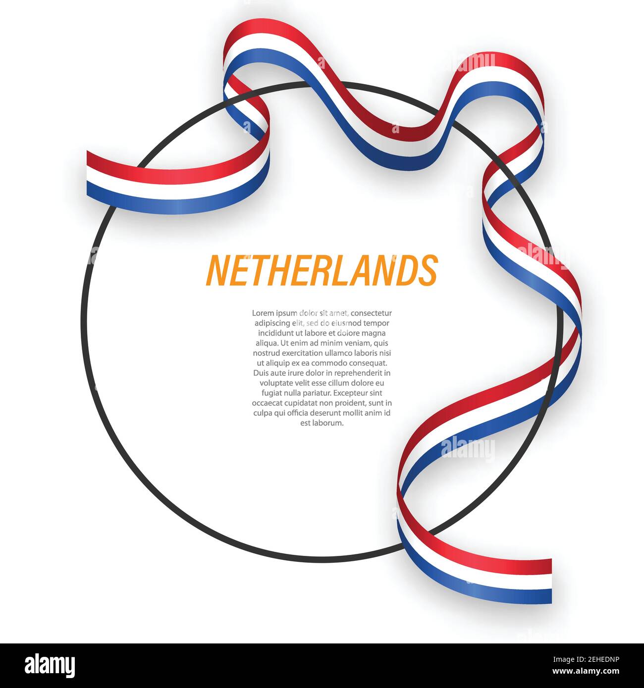 Waving ribbon flag of Netherlands on circle frame. Template for independence day poster design ...