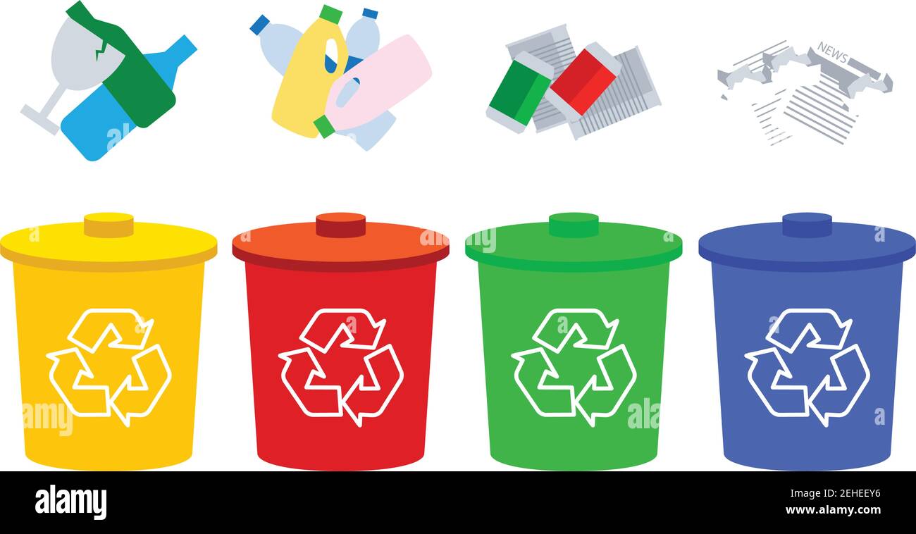colored trash cans blue red with metal, paper, plastic, glass and ... colored trash cans blue red with metal, paper, plastic, glass and ...