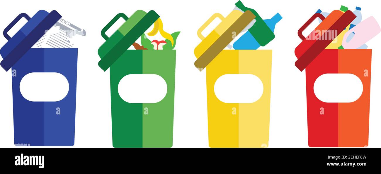 colored trash cans blue red with metal, paper, plastic, glass and ... colored trash cans blue red with metal, paper, plastic, glass and ...