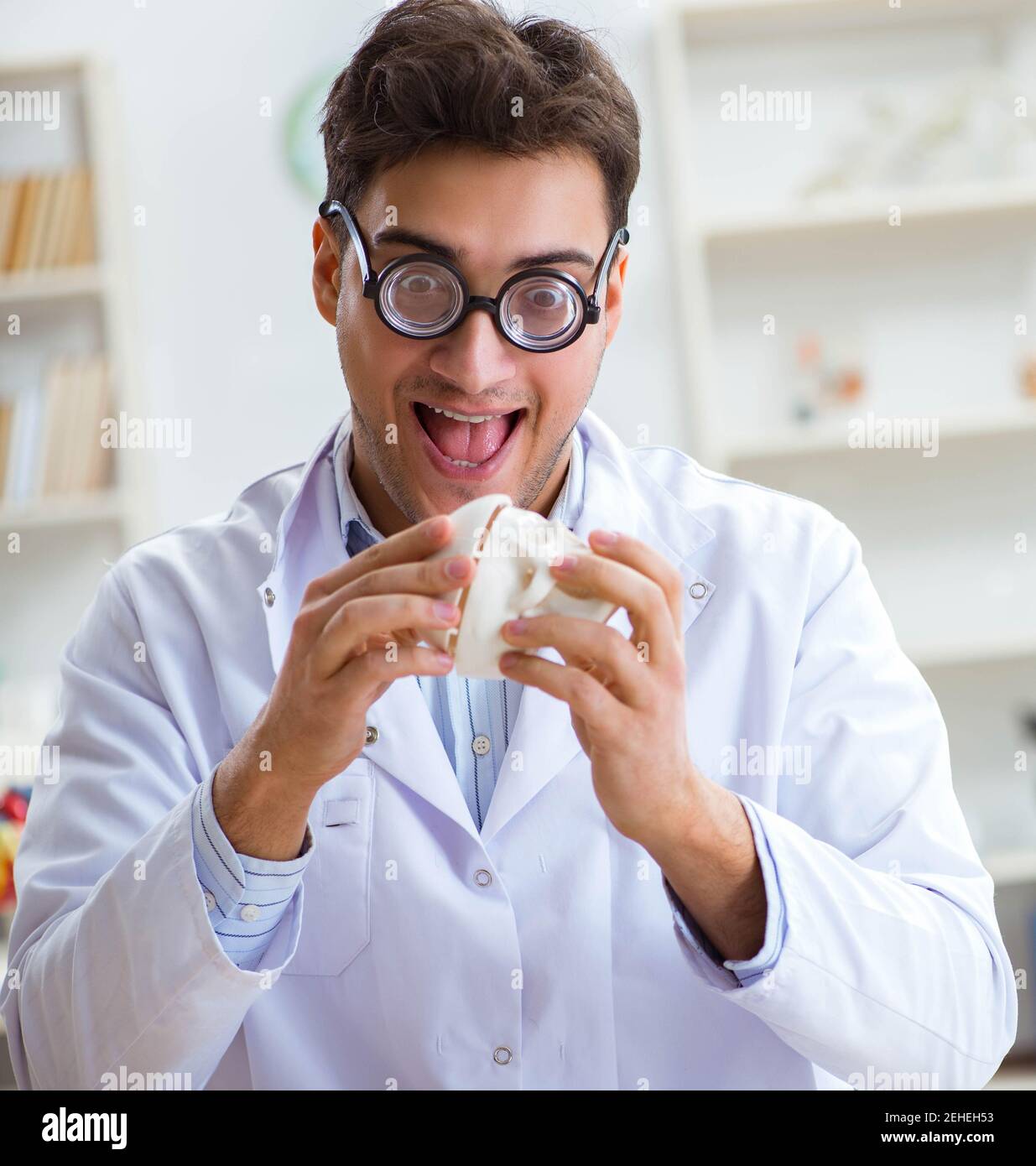 The crazy doctor studying human skeleton Stock Photo - Alamy