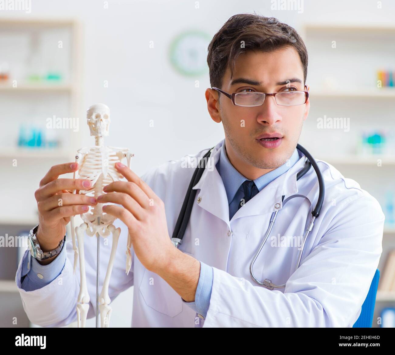 The doctor student studying the bones of skeleton Stock Photo - Alamy