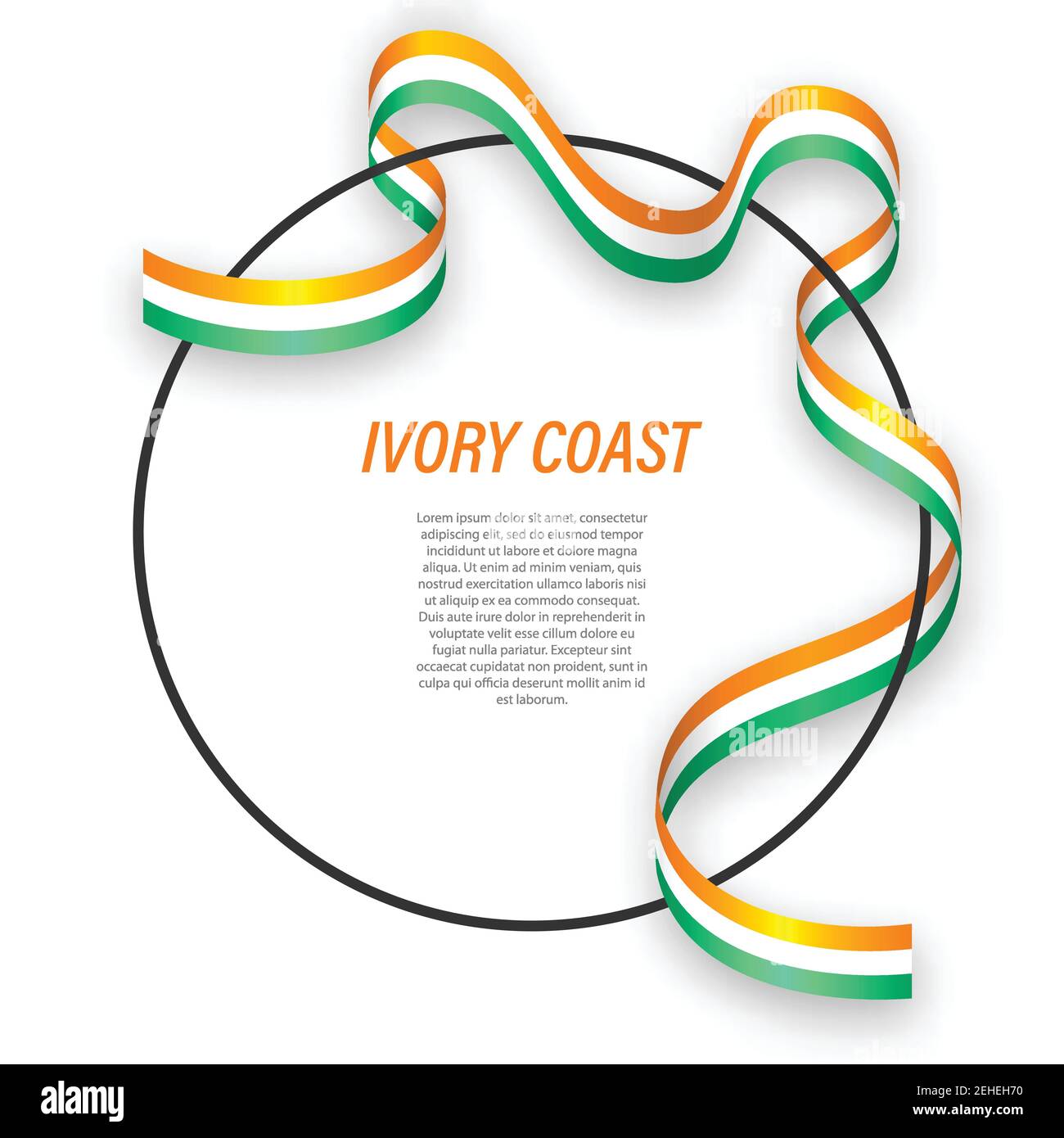 Waving ribbon flag of Ivory Coast on circle frame. Template for independence day poster design ...