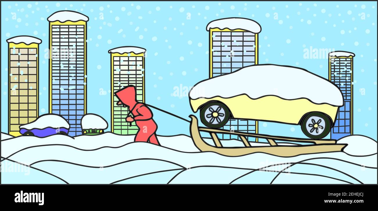 Driver man pull his car. Winter season view. Abnormal snowfall. Cartoon ...