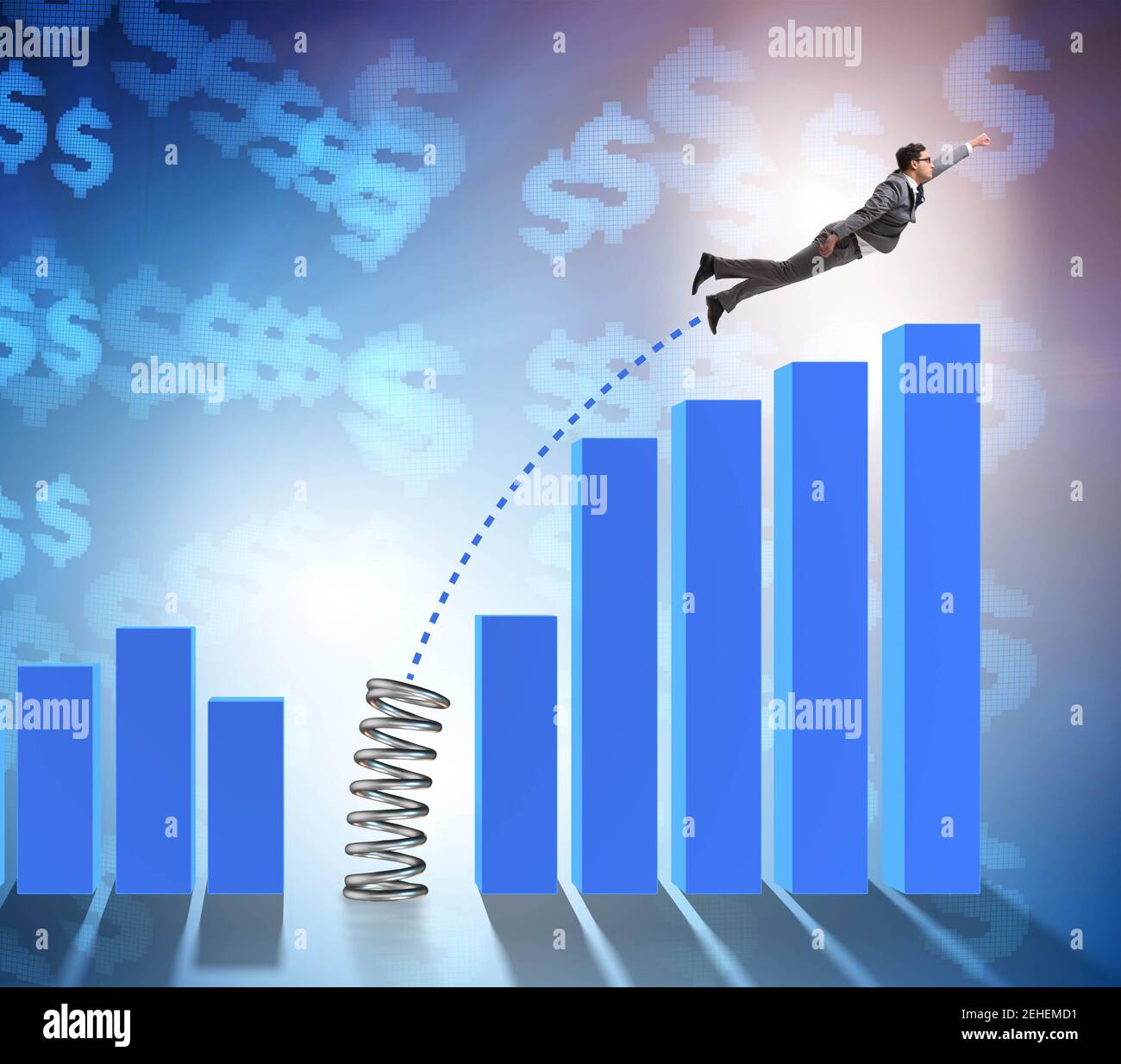 The business people jumping over bar charts Stock Photo - Alamy