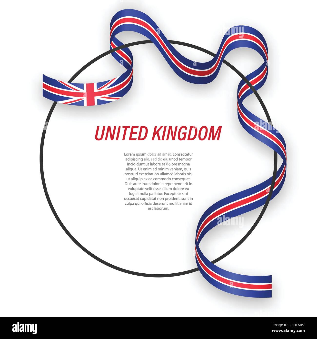Waving ribbon flag of United Kingdom on circle frame. Template for independence day poster ...