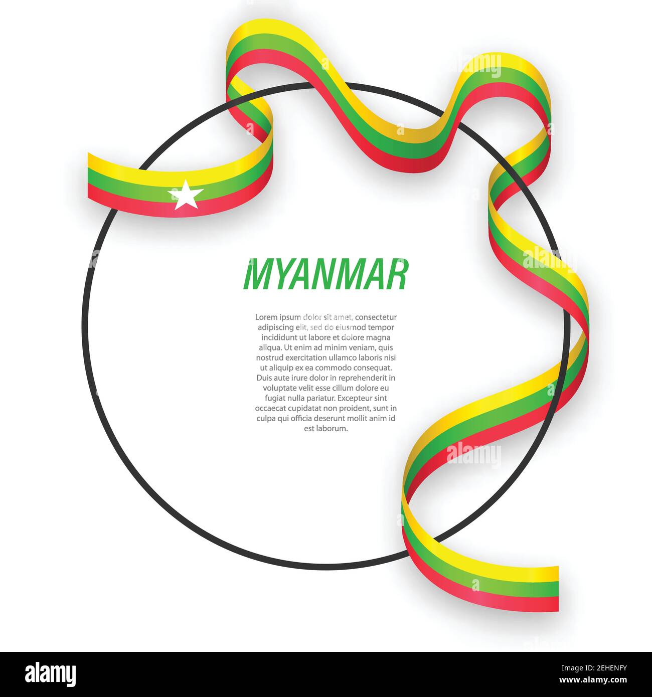Waving ribbon flag of Myanmar on circle frame. Template for ...