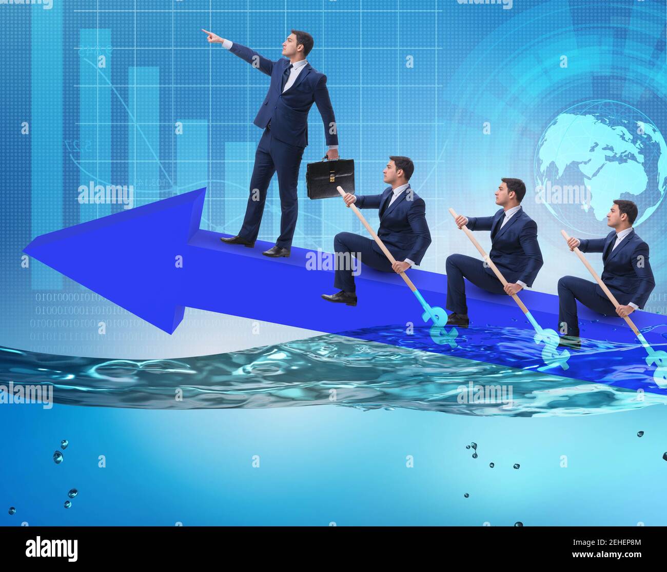 The teamwork concept with businessmen on boat Stock Photo - Alamy